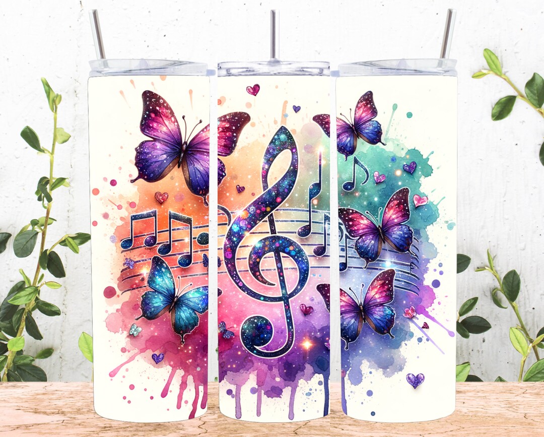 Musical Notes Glitter Butterflies 20 Oz Skinny Tumbler Sublimation ...