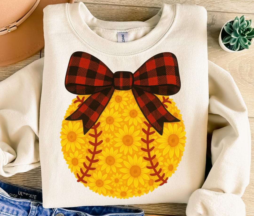 Sunflower Softball Ball Png, Sublimation Design, Retro Plaid Bow Png ...