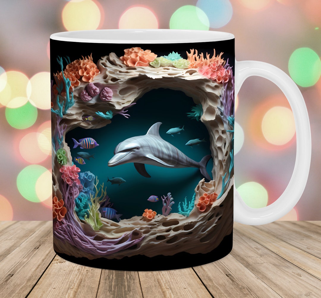 3D Dolphin Hole in A Wall Mug Wrap, 11oz & 15oz Mug Template, Mug ...