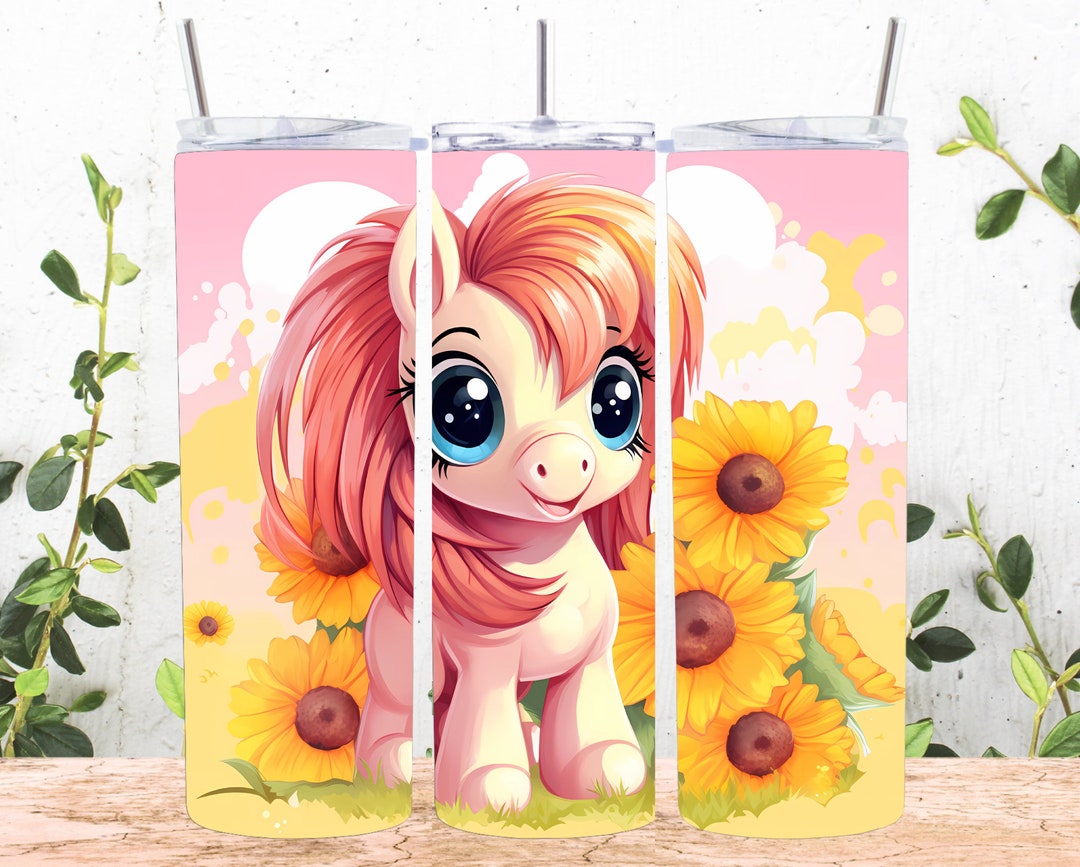 Cartoon Pink Pony Sunflowers 20 Oz Kids Tumbler Sublimation Design ...