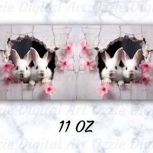 3D Bunny Rabbits Hole in A Wall Mug Wrap, 11oz & 15oz Mug Template, Mug ...