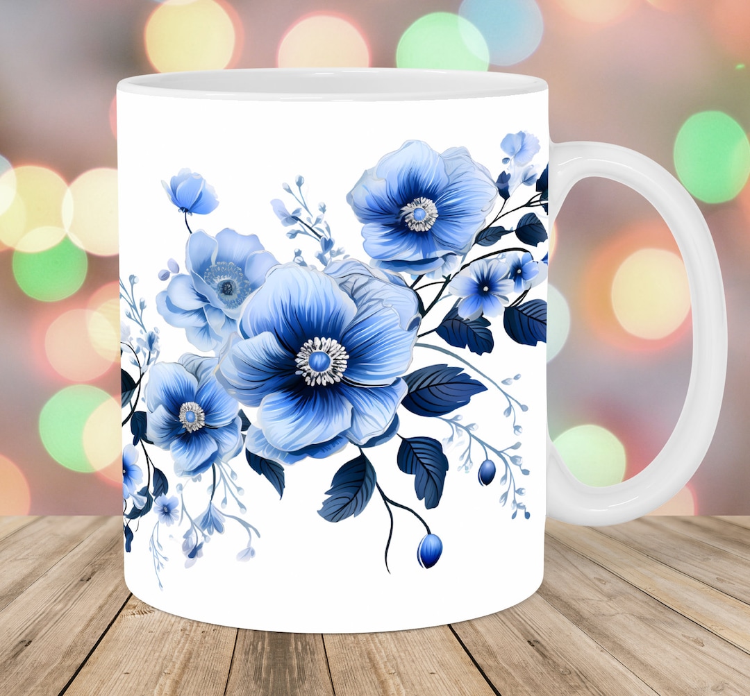 Blue Flowers Mug Wrap, 11oz and 15oz Mug Template, 3D Mug Sublimation ...