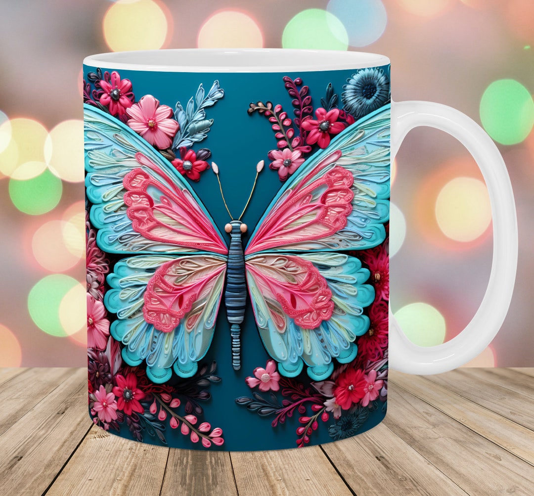 3D Embroidered Flower Butterfly Mug Wrap, 11oz & 15oz Mug Template, Mug ...
