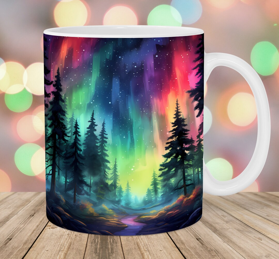 Colorful Northern Lights Mug Wrap, 11oz & 15oz Mug Template, Mug ...