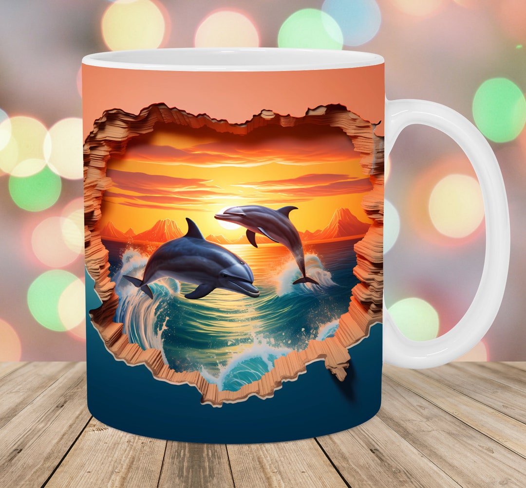 3D Dolphins Hole in A Wall Mug Wrap, 11oz & 15oz Mug Template, Ocean ...