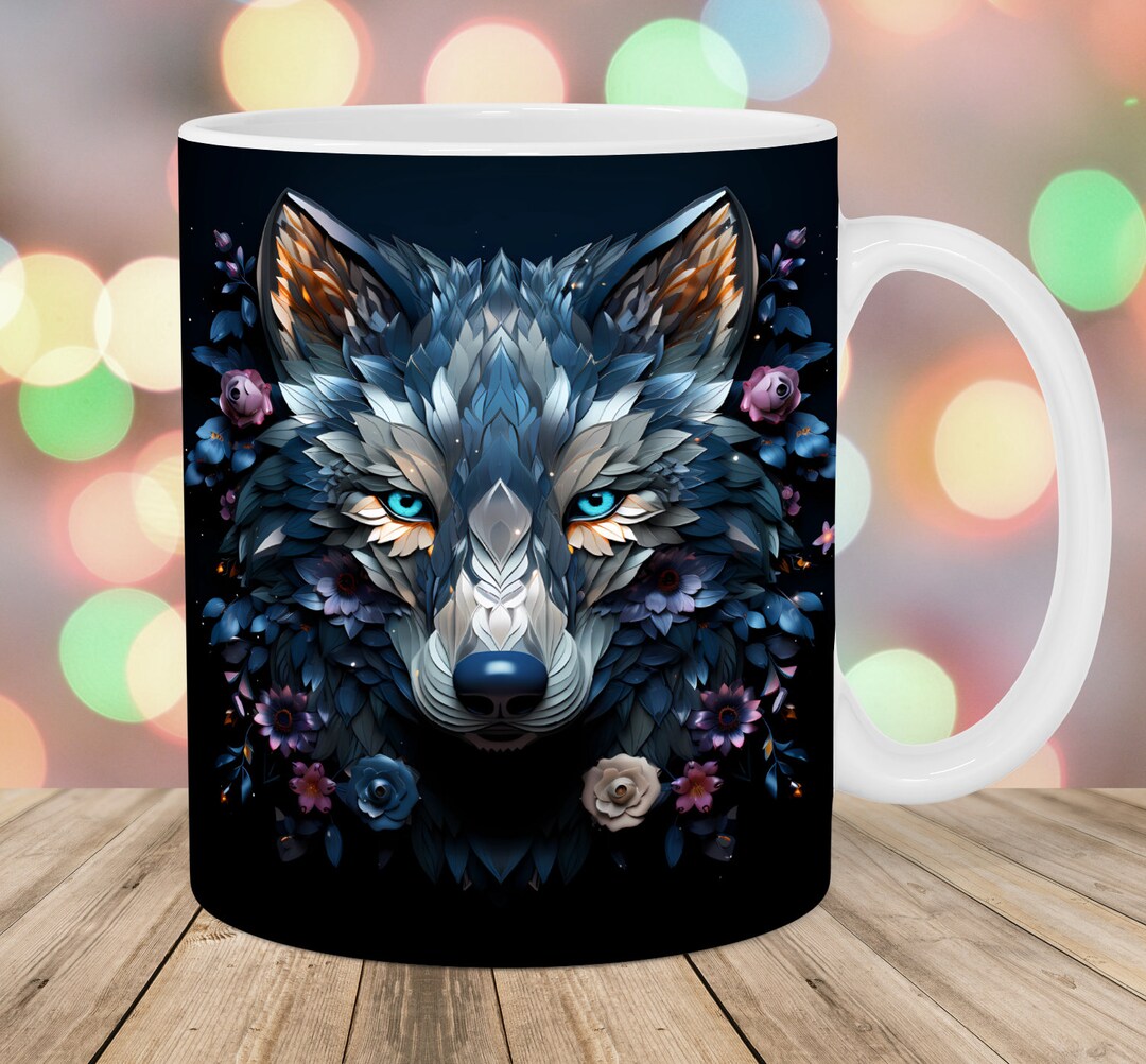 3D Blue Wolf Mug Wrap, 11oz and 15oz Mug Template, Mug Sublimation ...