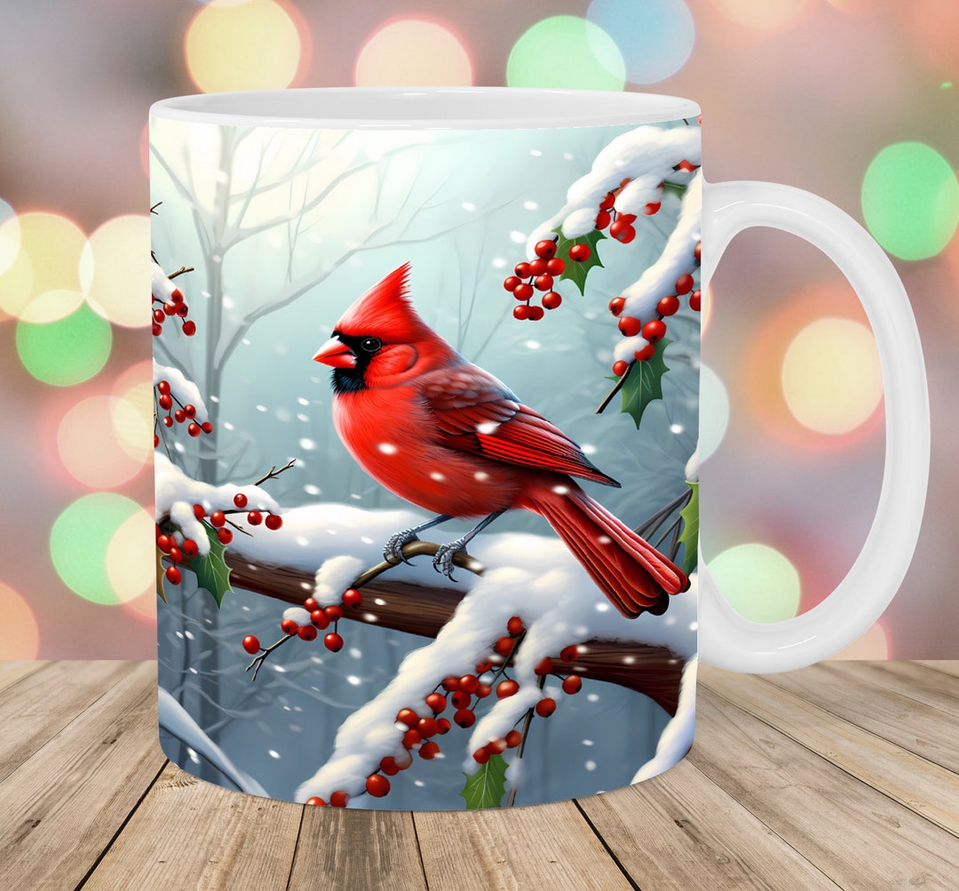 3D Red Cardinal Bird Christmas Mug Wrap, 11oz & 15oz Mug Template, Mug ...