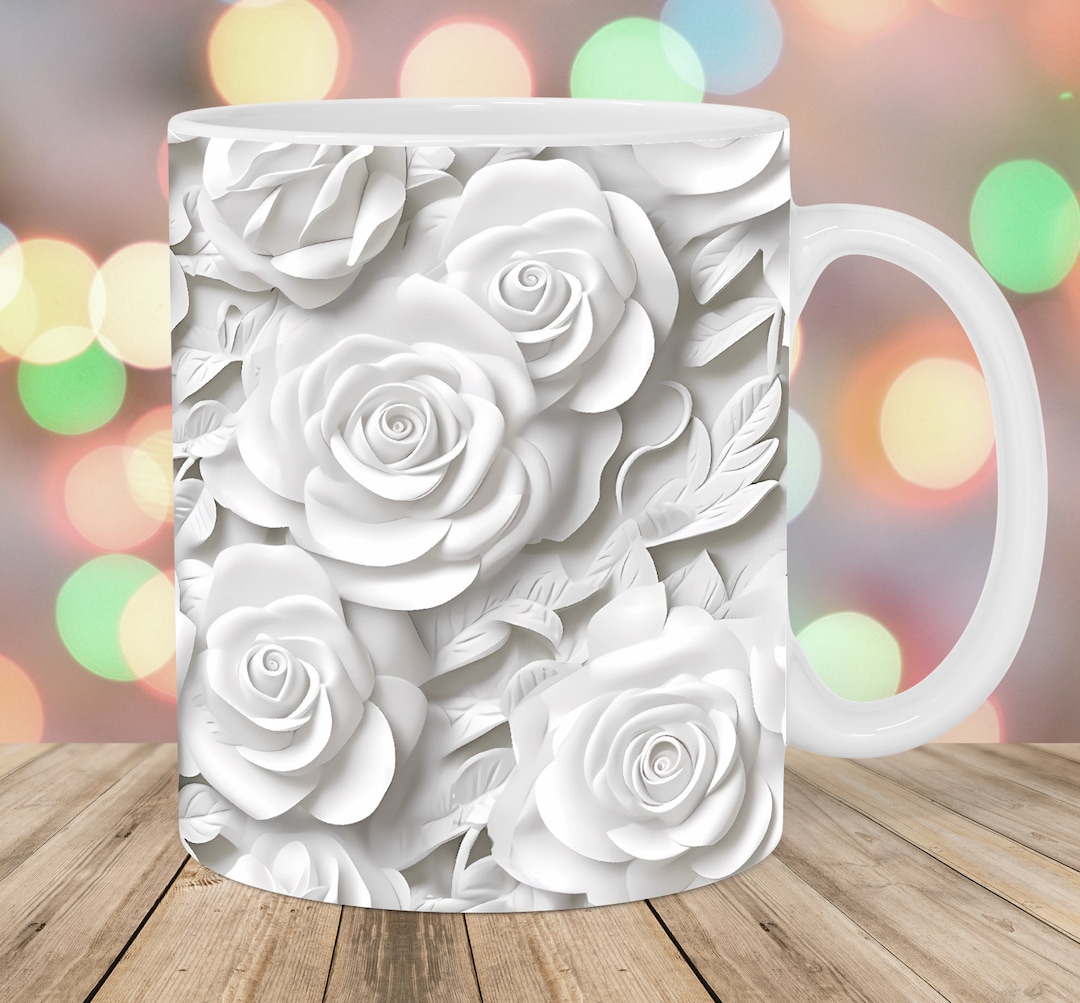 3D White Roses Mug Wrap, 11oz and 15oz Mug Template, Mug Sublimation ...