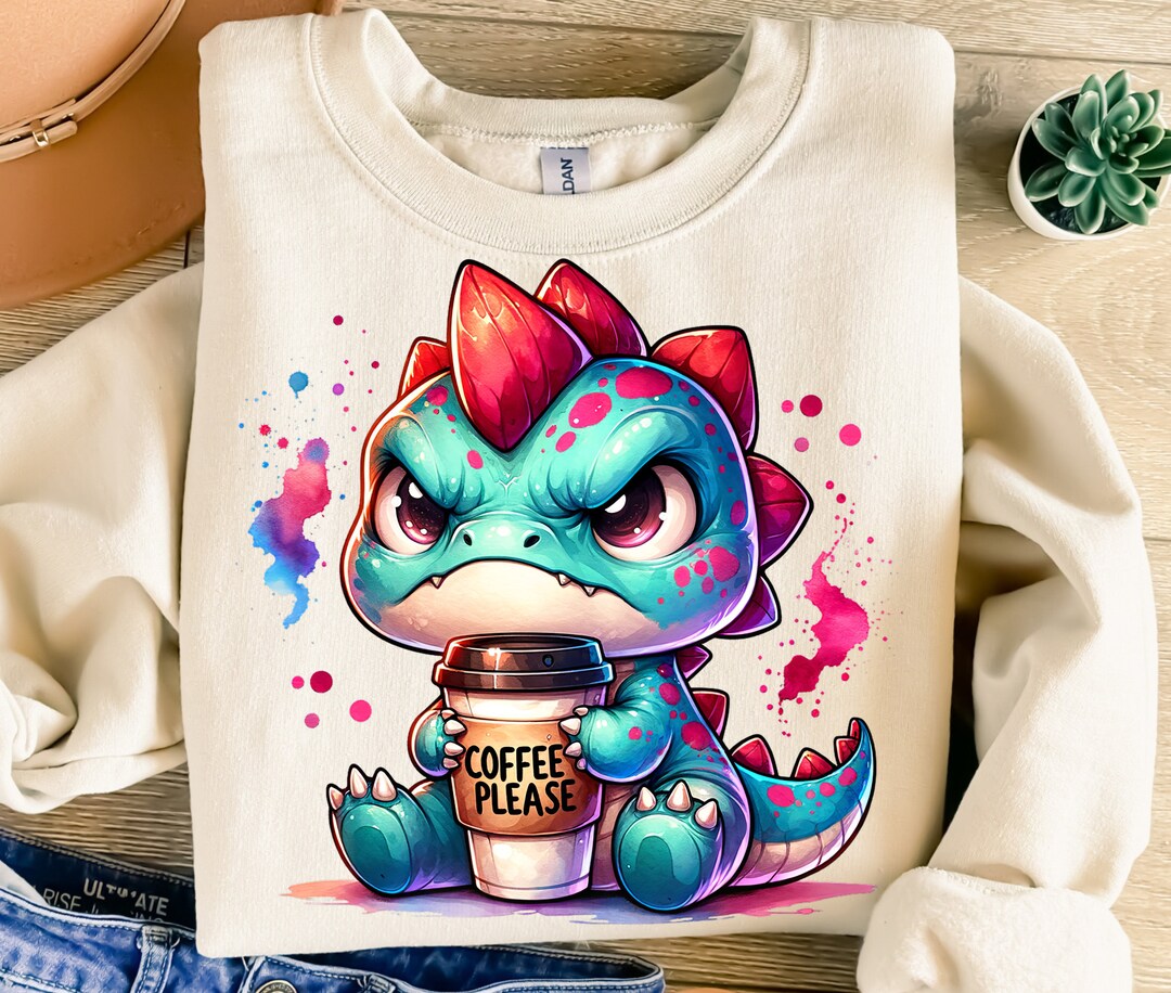 Grumpy Dinosaur PNG, Sublimation Design, Coffee Please Digital File ...