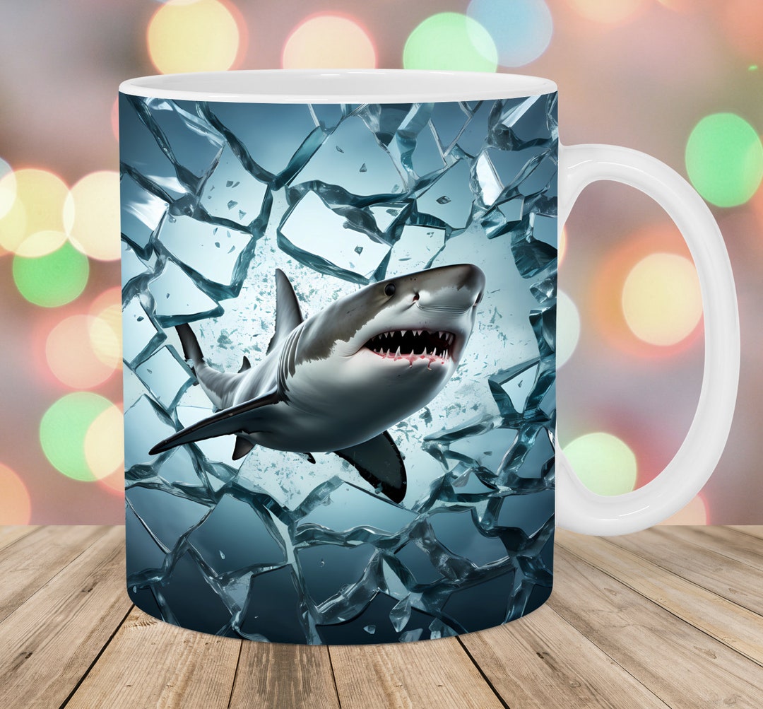 3D Shark Hole in A Glass Wall Mug Wrap, 11oz & 15oz Mug Template, Mug ...