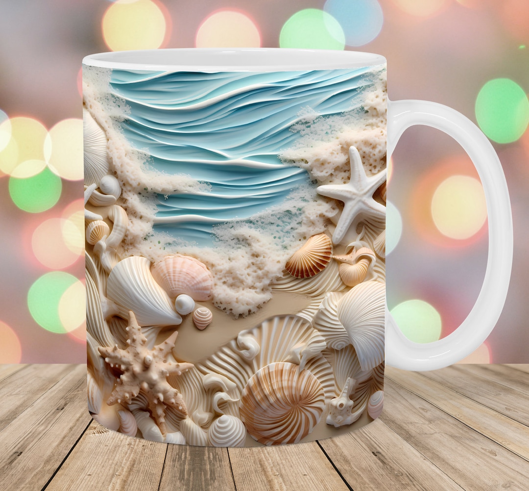 3D Seashells Beach Ocean Mug Wrap, 11oz and 15oz Mug Template, Mug ...