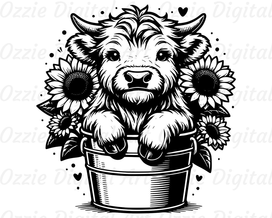 Highland Cow in A Bucket Svg & Png, Sunflowers Clipart, Highland Cow ...