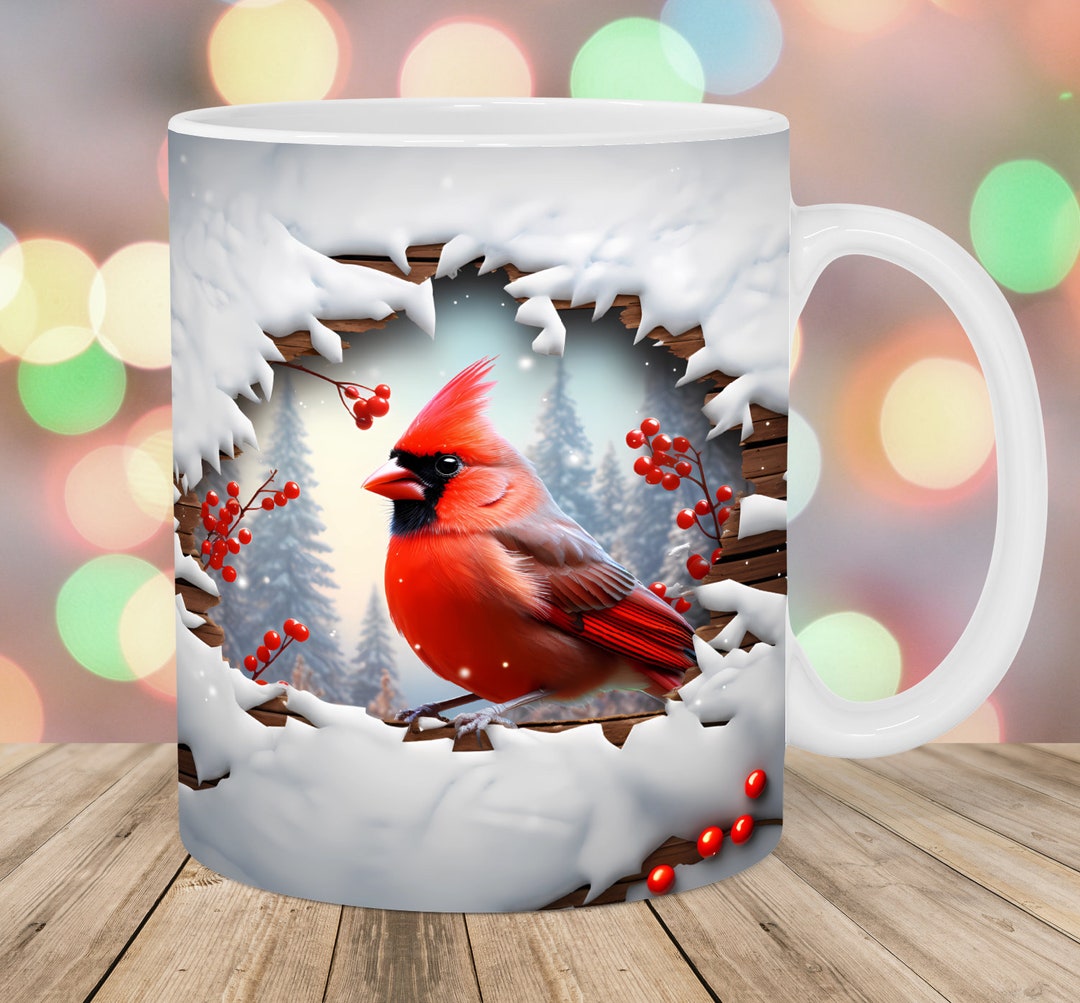 3D Red Cardinal Mug Wrap, 11oz & 15oz Mug Template, Snow Mug ...