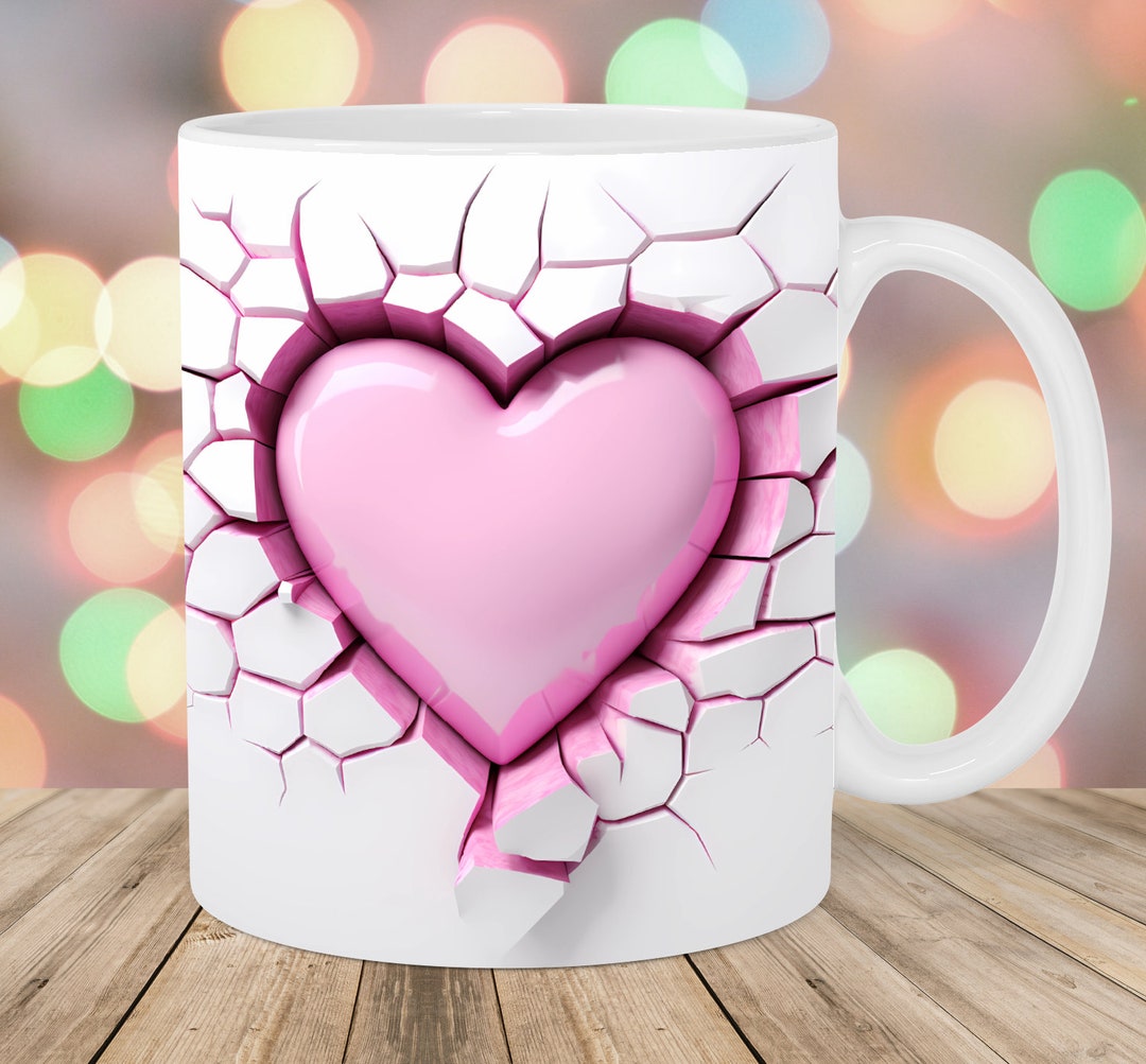 3D Pink Heart Hole in A Wall Mug Wrap, 11oz & 15oz Mug Template, Mug ...