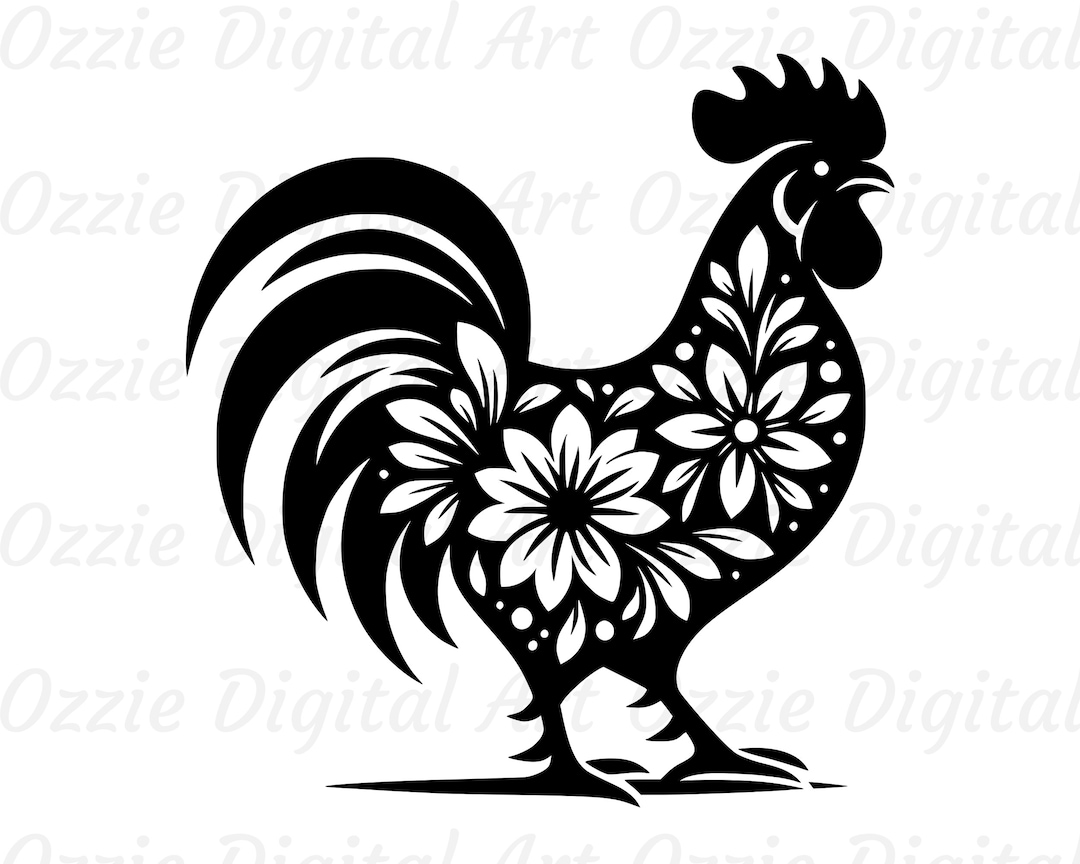 Floral Rooster Svg & Png, Rooster Clipart, Flower Vector Image, Rooster ...