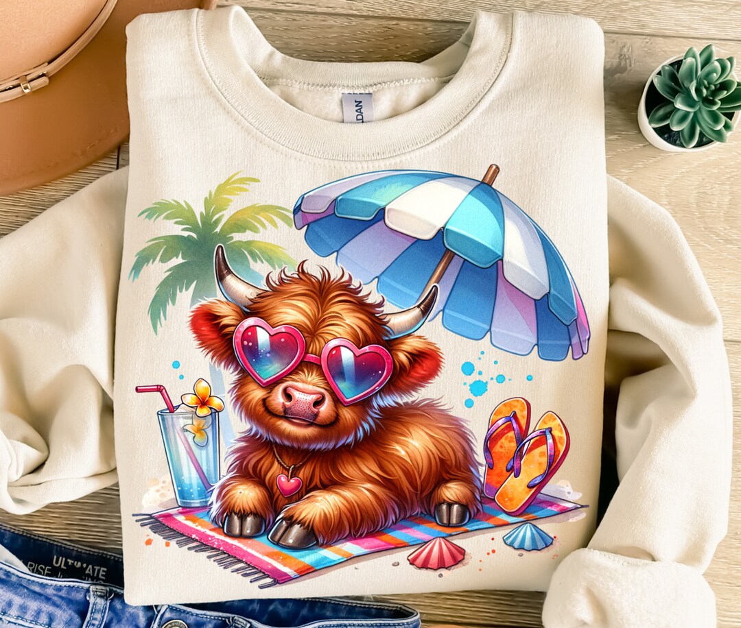 Cute Highland Cow Png, Sublimation Design, Summer Ping, Beach Png, Kids ...