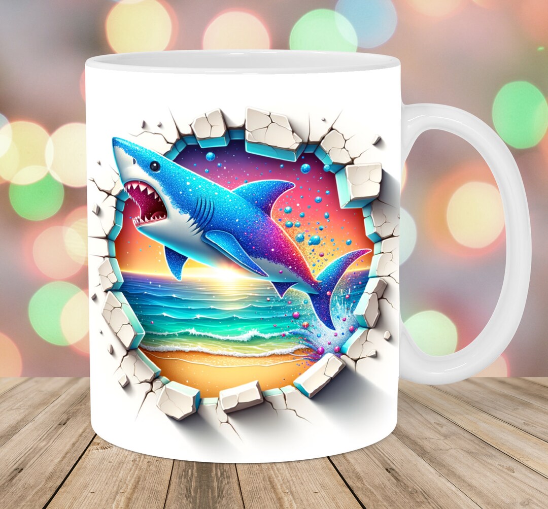3D Shark Hole in A Wall Mug Wrap, 11oz & 15oz Mug Template, Mug ...
