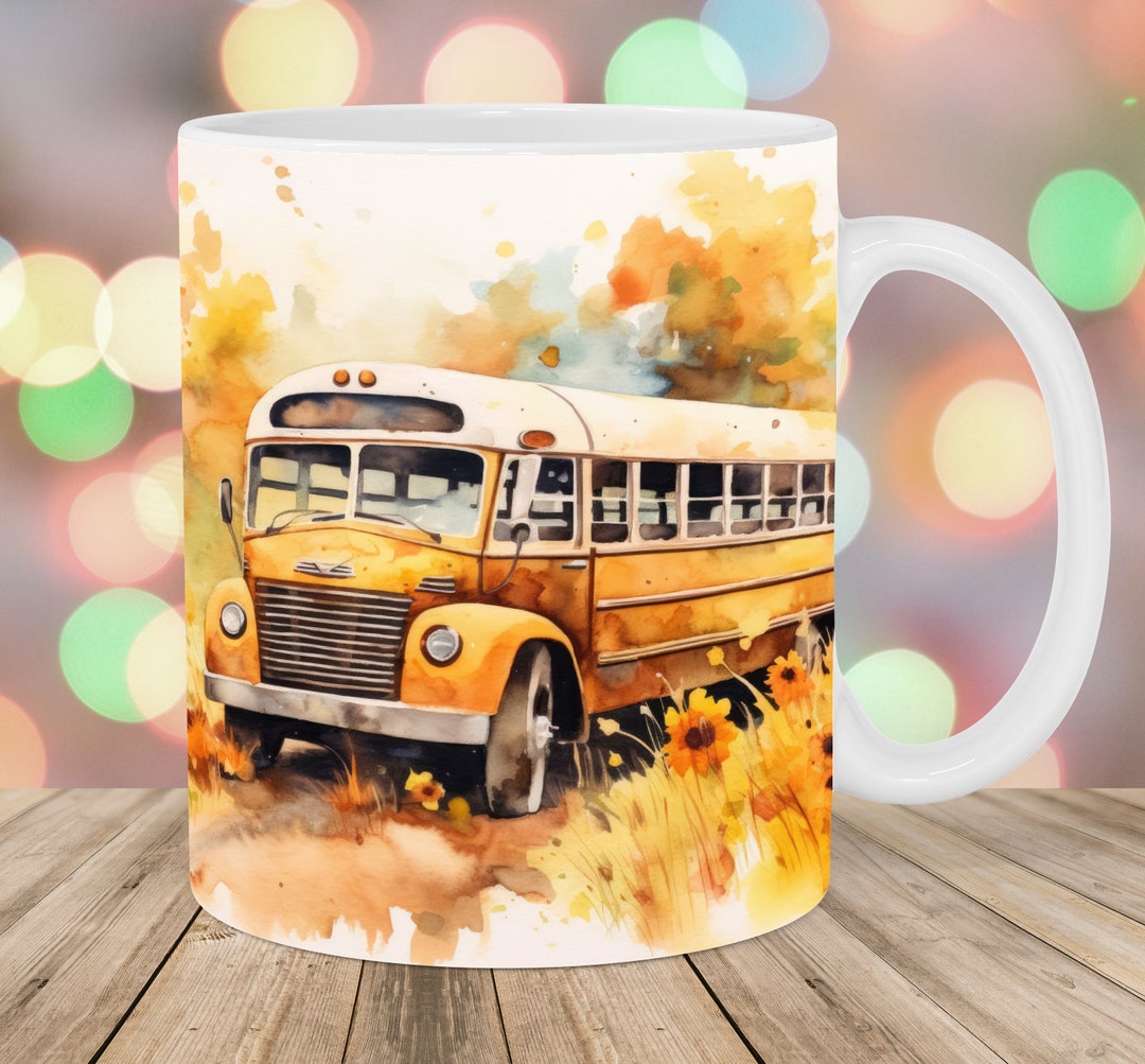 Watercolor School Bus Mug Wrap, 11oz and 15oz Mug Template, Mug ...