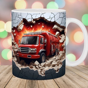 3D Fire Engine Hole in A Wall Mug Wrap, 11oz & 15oz Mug Template, Mug ...