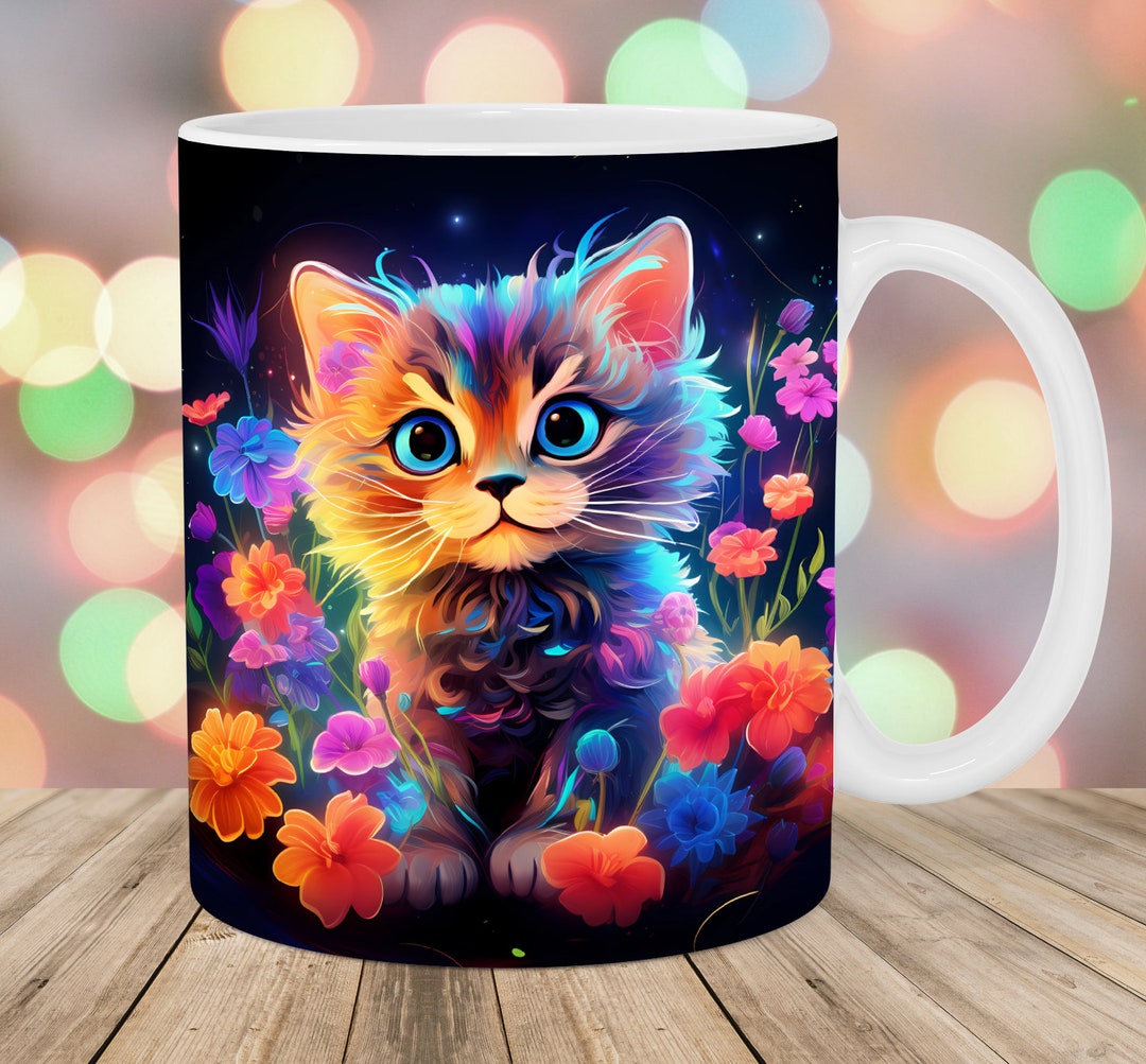 Colorful Neon Kitten Mug Wrap, 11oz & 15oz Mug Template, Mug ...