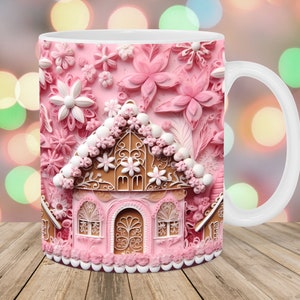 3D Pink Gingerbread House Mug Wrap, 11oz and 15oz Mug Template, Mug ...