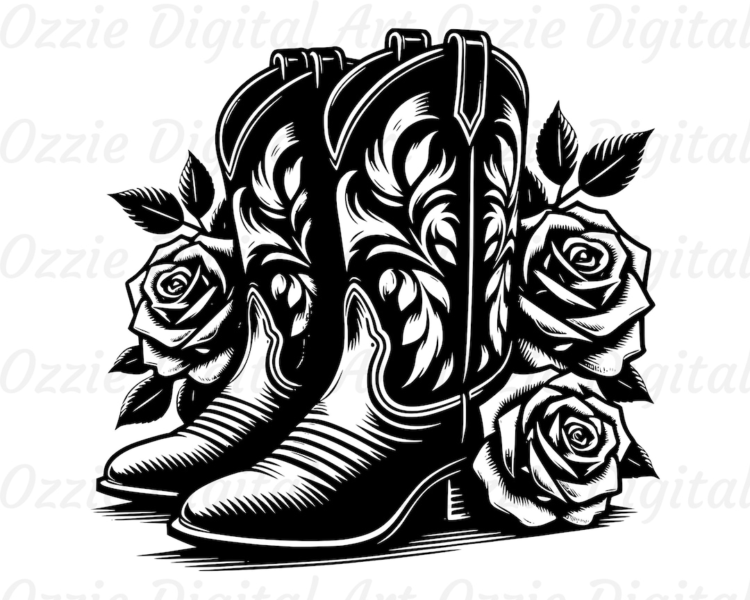 Cowboy Boots With Roses Svg & Png, Western Clipart, Cowboy Boots Vector ...