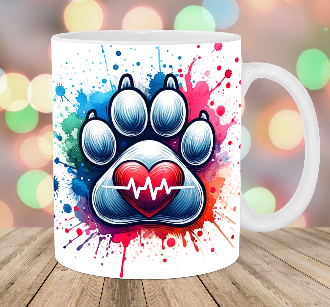 Dog Paw Mug Wrap, 11oz & 15oz Mug Template, Heartbeat Mug Sublimation ...