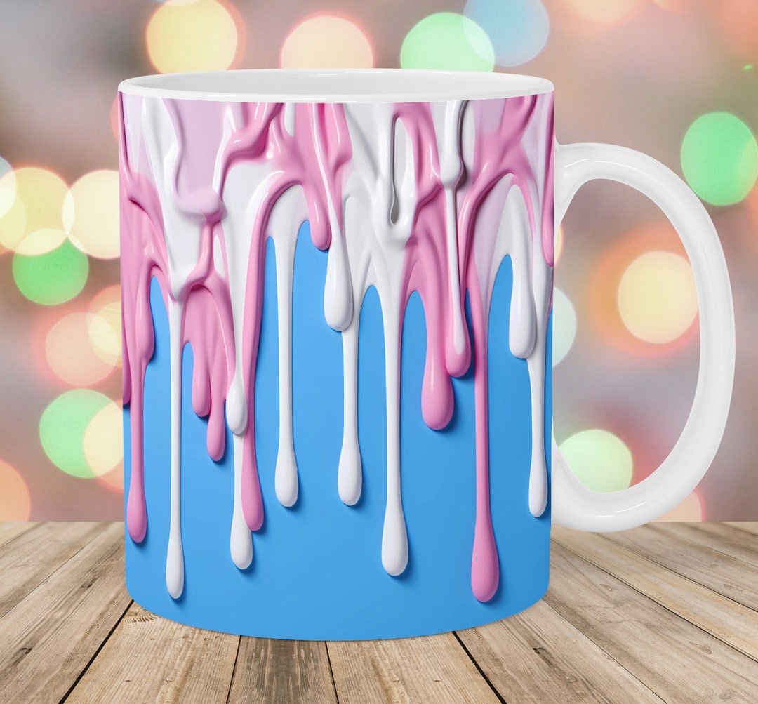 3D Pink Blue White Dripping Paint Mug Wrap, 11oz and 15oz Mug Template ...
