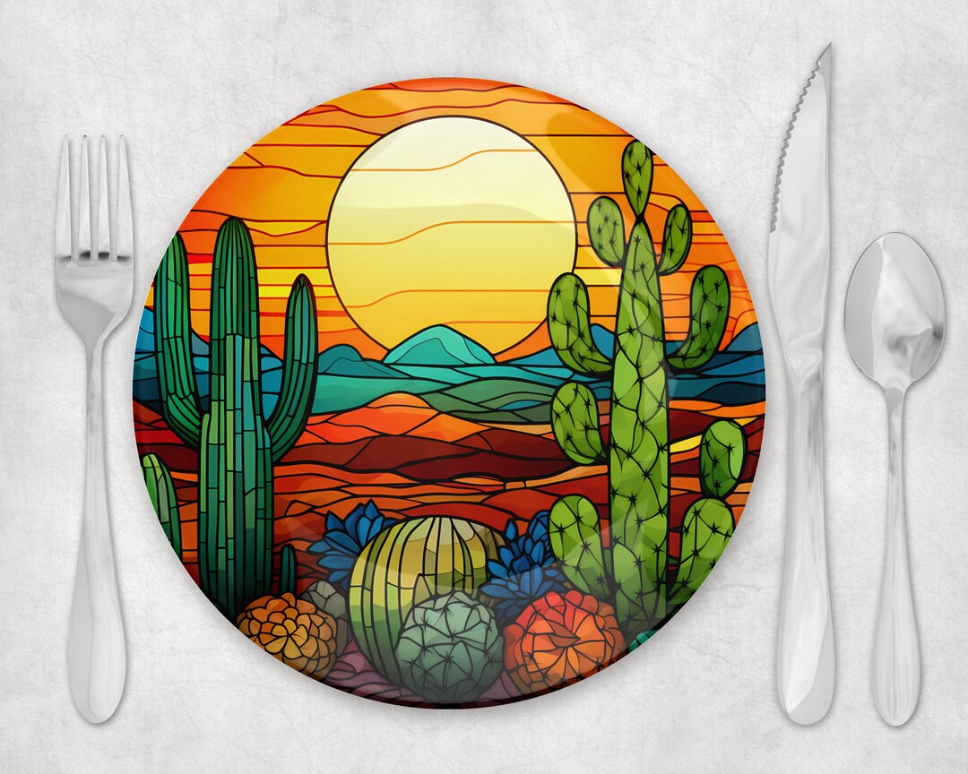 Stained Glass Cactus Plate Design, 8", 10" and 12" Plate Template ...