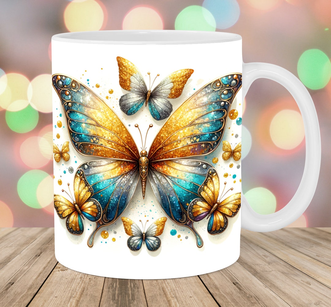 3D Gold Green Butterflies Mug Wrap, 11oz & 15oz Mug Template, Mug ...