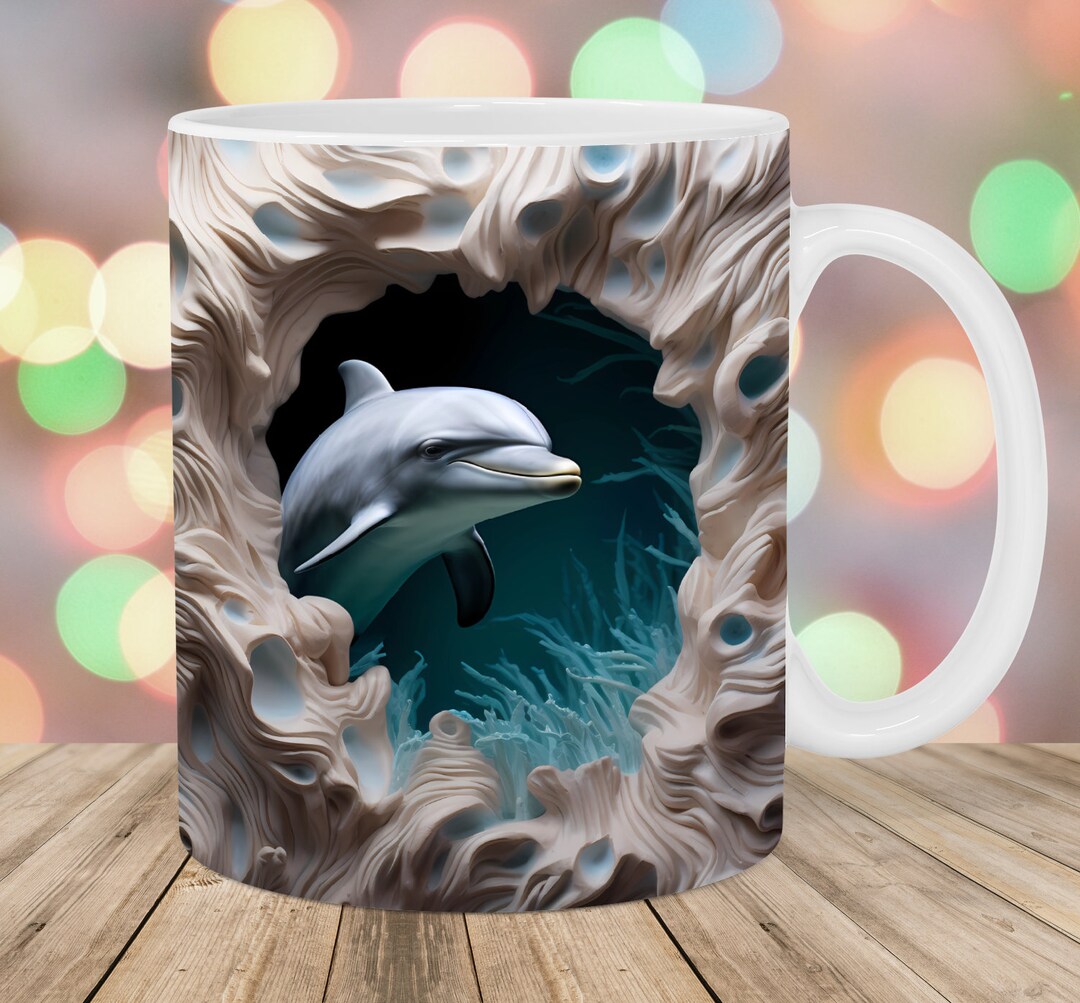 3D Dolphin in A Wall Hole Mug Wrap, 11oz & 15oz Mug Template, Mug ...