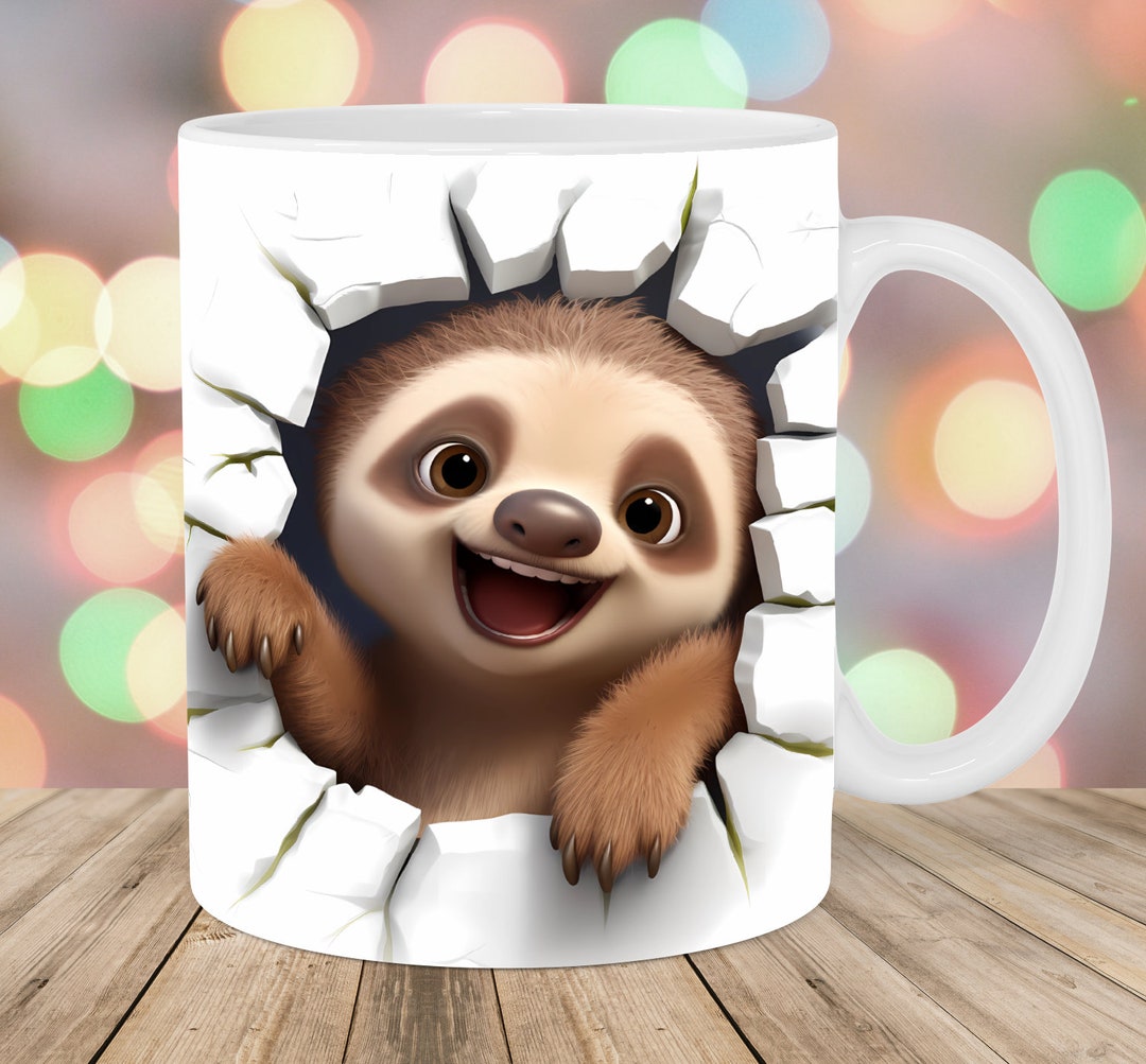 3D Sloth Hole in A Wall Mug Wrap, 11oz and 15oz Mug Template, Mug ...
