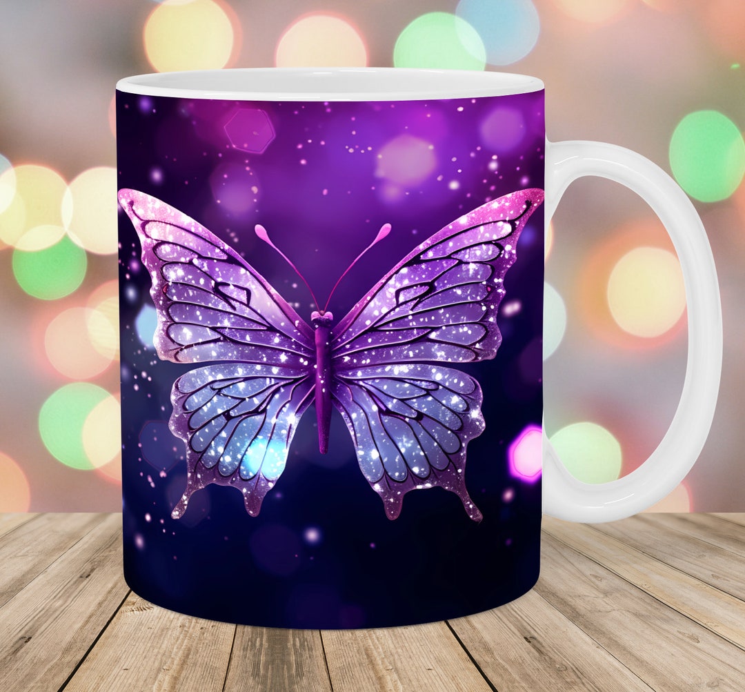 Glitter Purple Butterfly Mug Wrap, 11oz and 15oz Mug Template, Mug ...