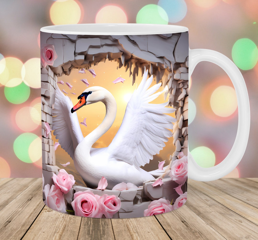 3D Swan Mug Wrap, 11oz & 15oz Mug Template, Flowers Mug Sublimation ...