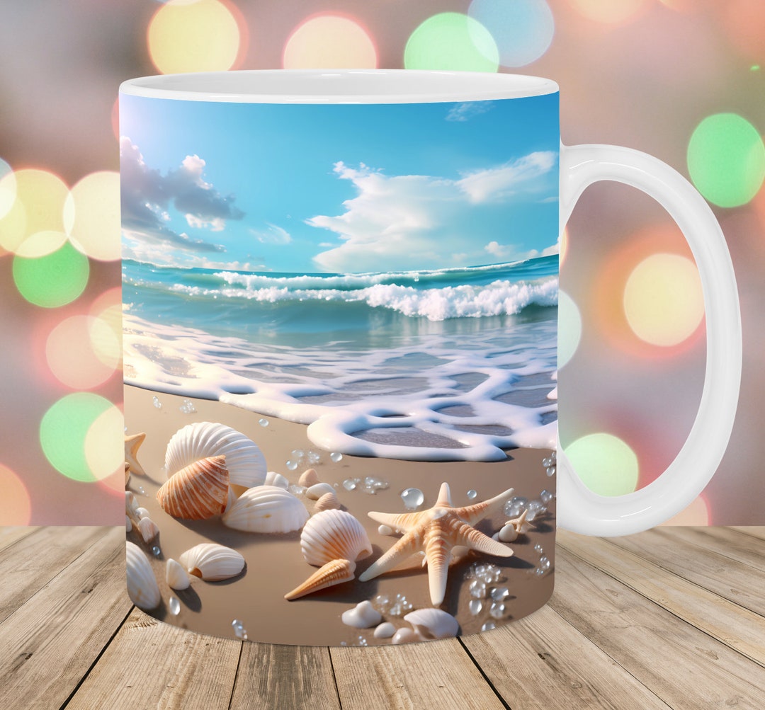 Seashells Beach Ocean Mug Wrap, 11oz and 15oz Mug Template, Mug ...
