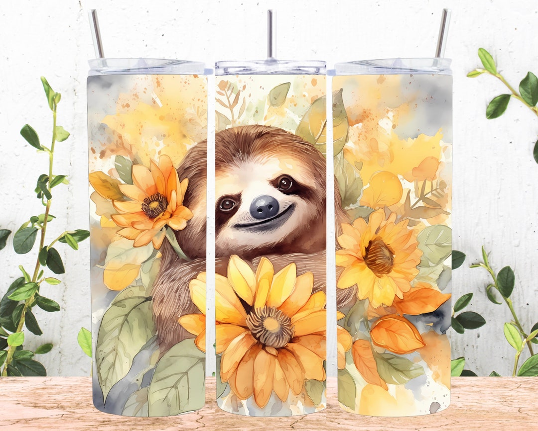 Watercolor Sunflowers Sloth 20 Oz Skinny Tumbler Sublimation Design ...