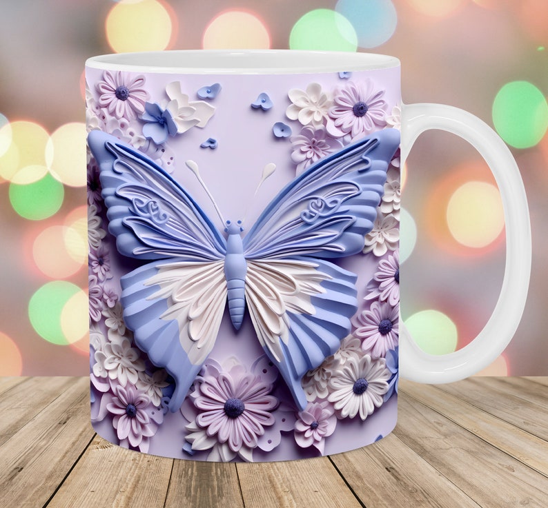 3D Purple Butterfly Flowers Mug Wrap, 11oz and 15oz Mug Template, Mug ...