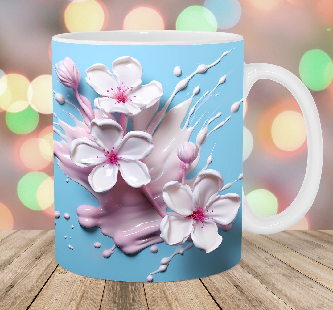 3D Pink Blue Flowers Mug Wrap, 11oz and 15oz Mug Template, Dripping ...