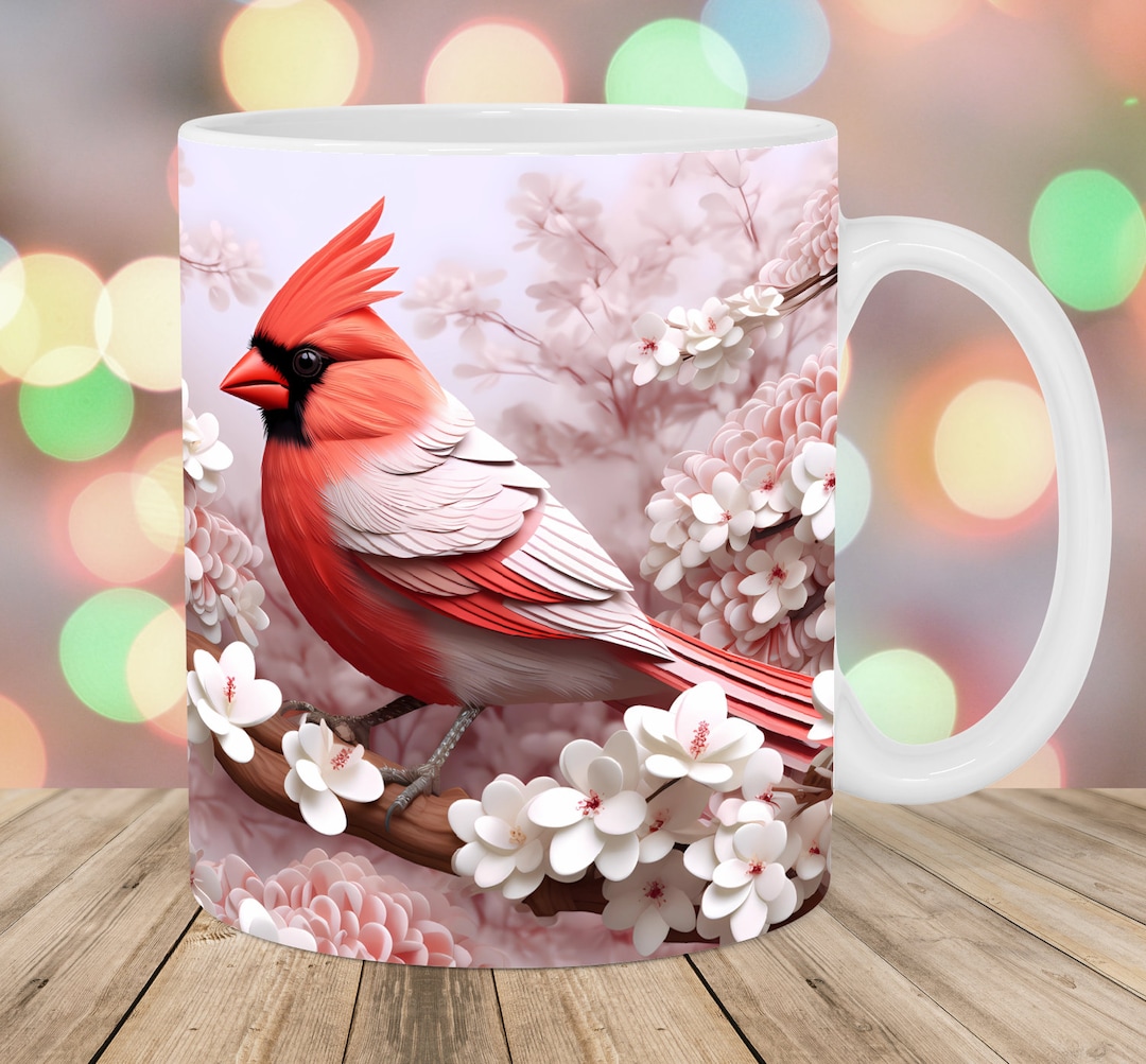 3D Red Cardinal Bird Flowers Mug Wrap, 11oz and 15oz Mug Template, Mug ...