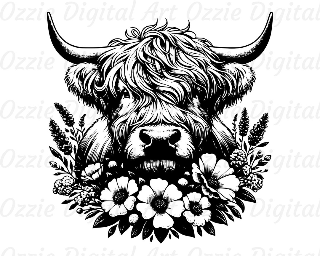 Highland Cow With Flowers Svg & Png, Cow Clipart, Highland Cow Vector ...