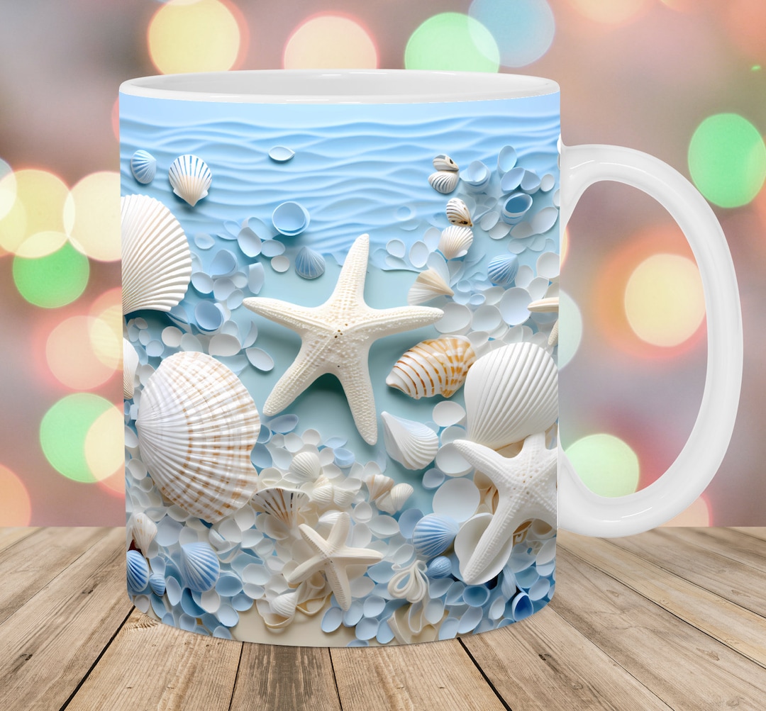 3D Seashells Mug Wrap, 11oz & 15oz Mug Template, Beach Mug Sublimation ...