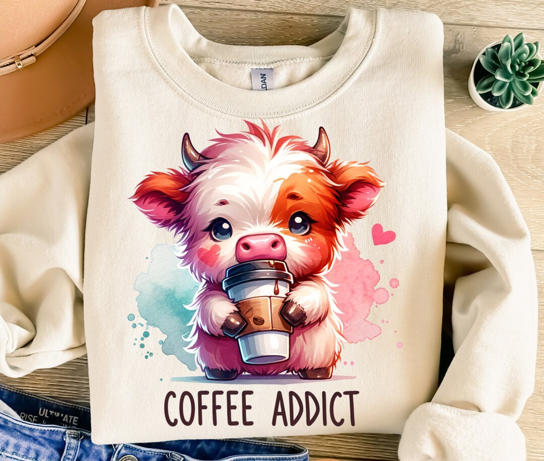 Coffee Addict Png, Sublimation Design, Highland Cow Clipart, Coffee ...