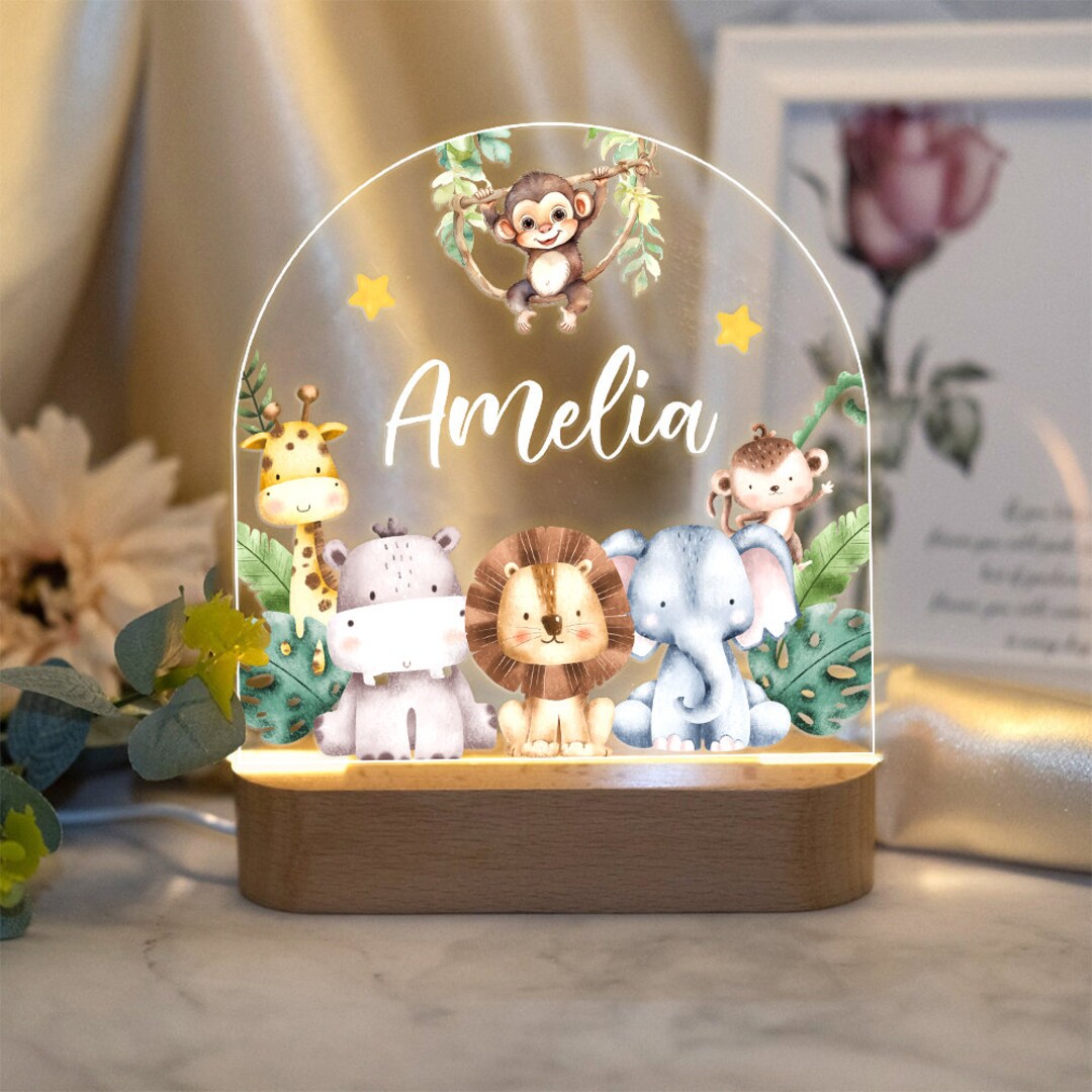 Personalised LED Animal Lamp, Kids Night Light Gift, Safari Jungle ...