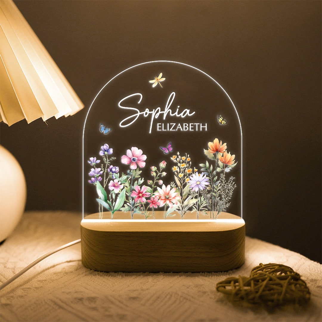 Custom Floral Butterfly Name Night Light, Birthday Gift for Her ...