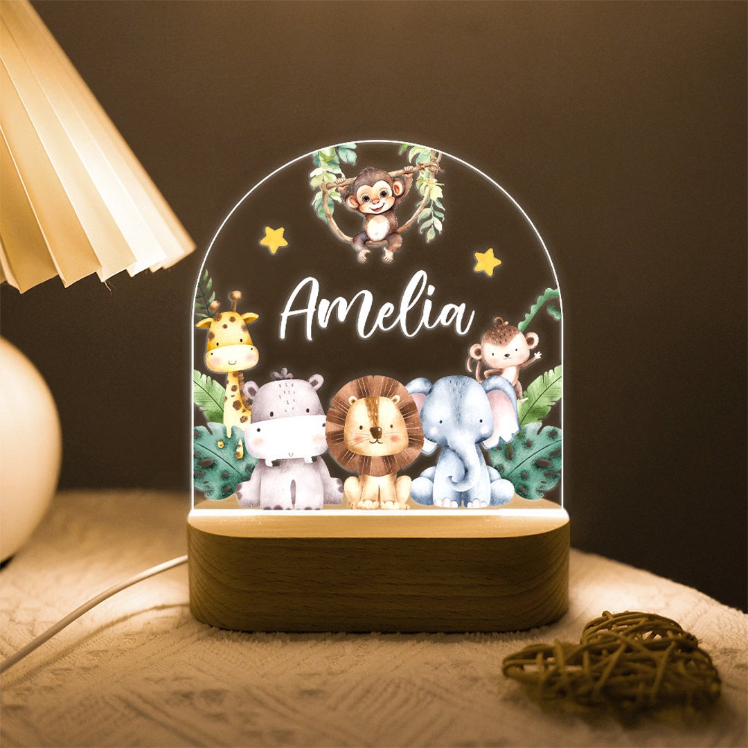 Personalised LED Animal Lamp, Kids Night Light Gift, Safari Jungle ...