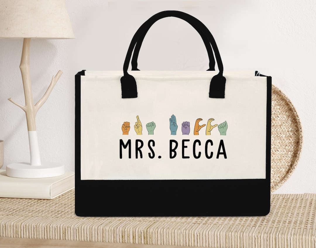 ASL Teacher Gift, Sign Language Gift, Teacher Name Tote Bag, Teacher ...