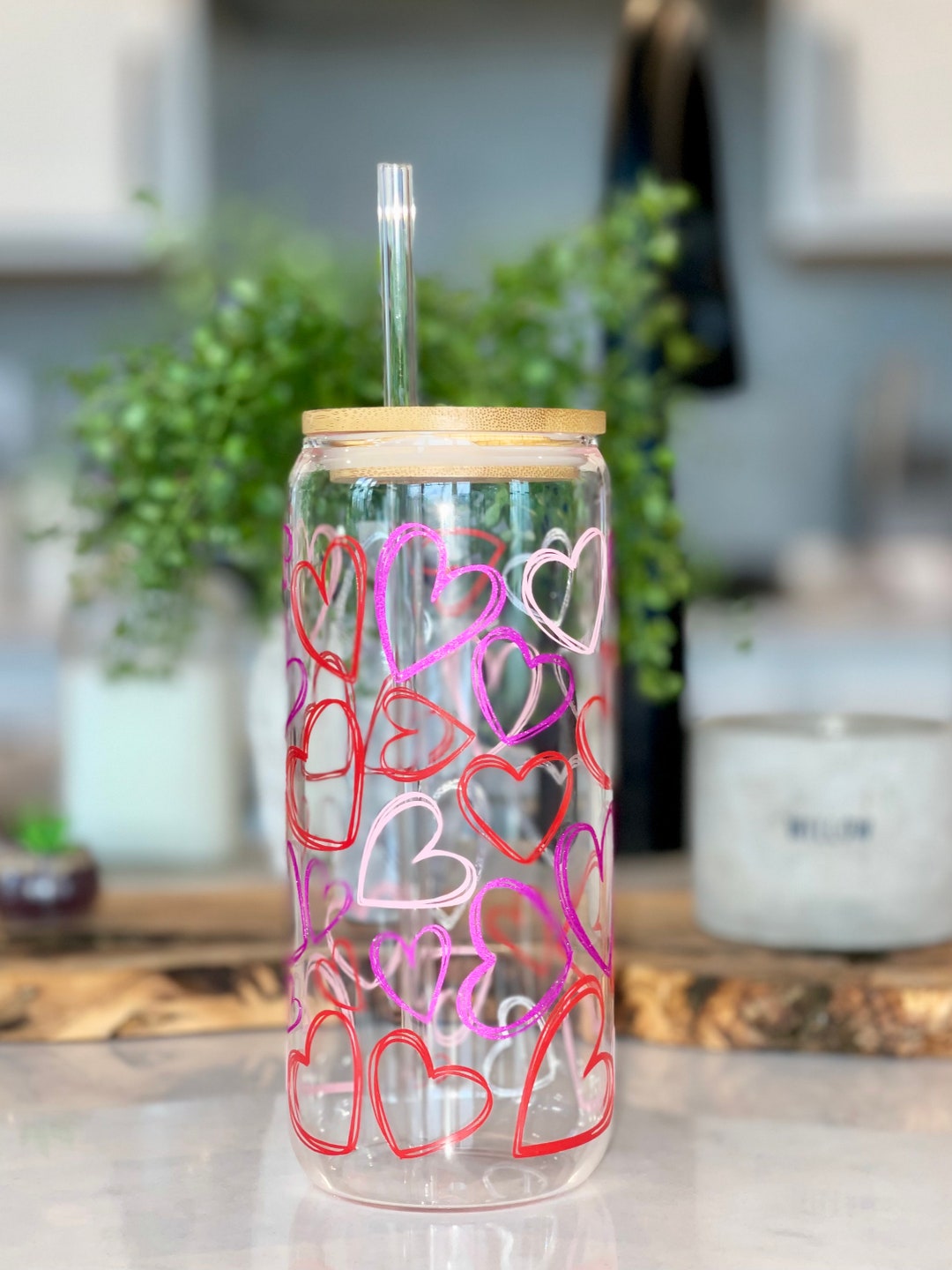 Scribble Heart Beer Can Glass, 16 Oz or 20 Oz, Bamboo Lid and Straw ...