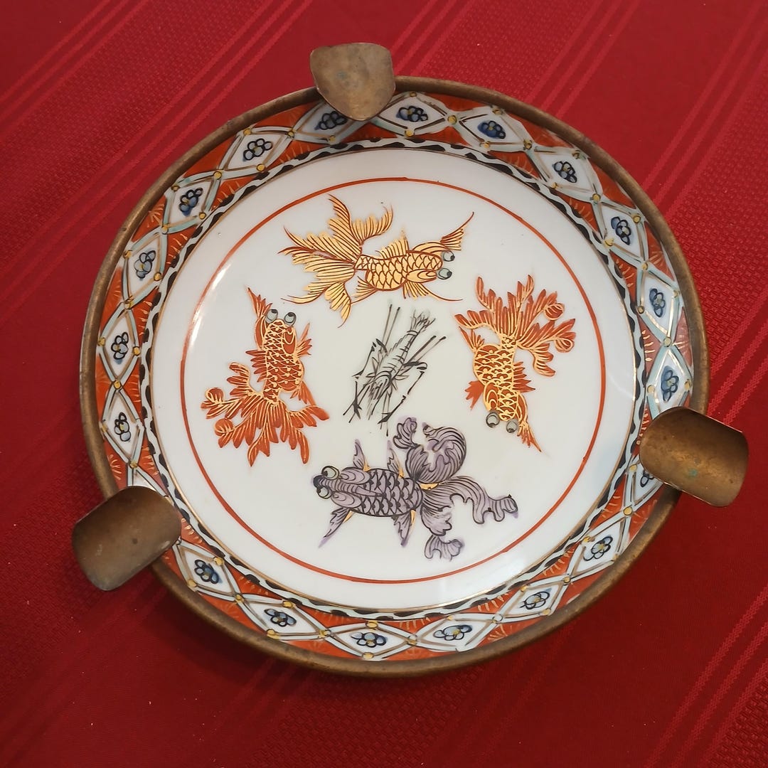 Vintage Japanese Porcelain Ware Ashtray. Encased in Brass. Decorated in ...
