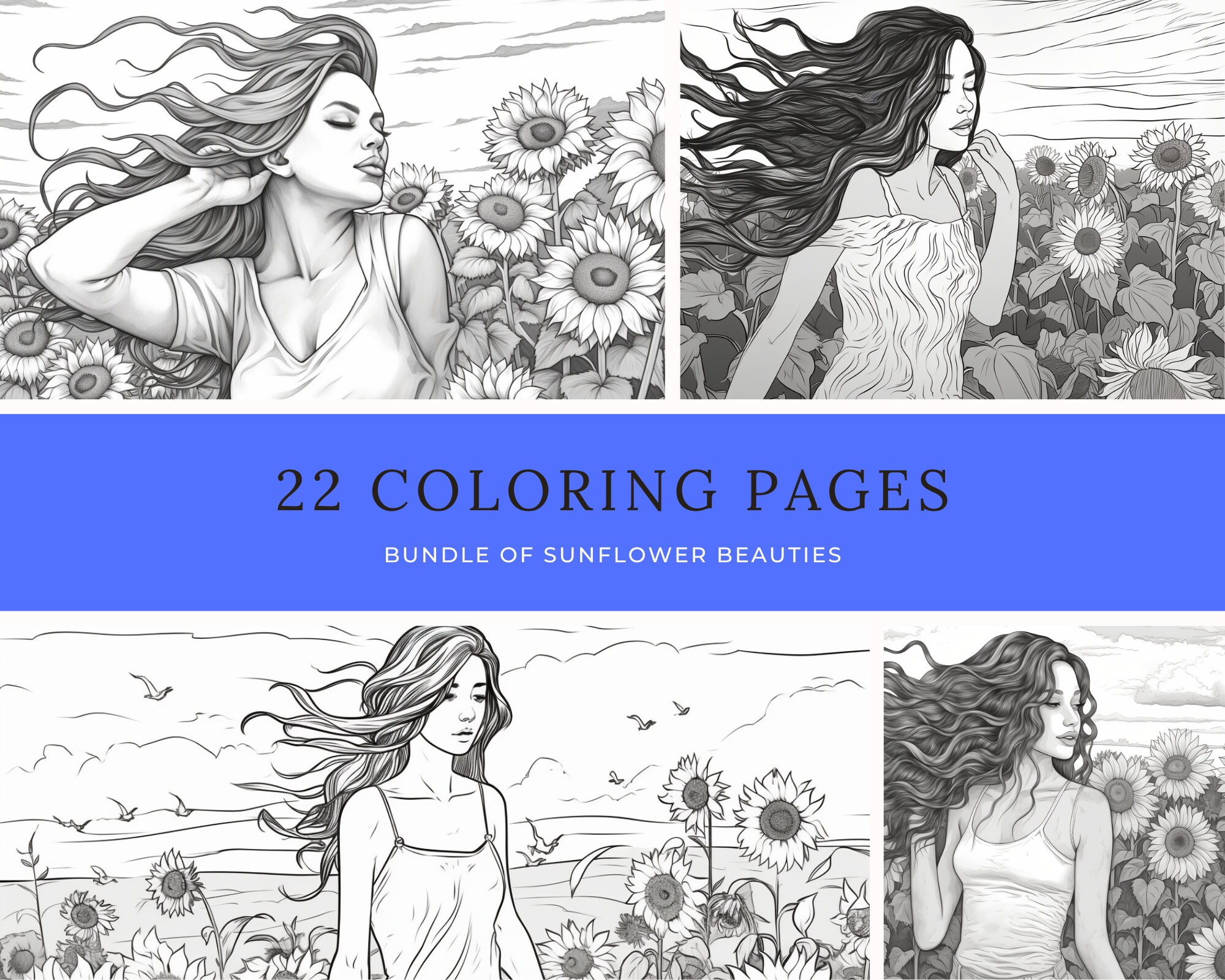 Bundle of Coloring Pages of Woman in Sunflower Field With Hair in the ...