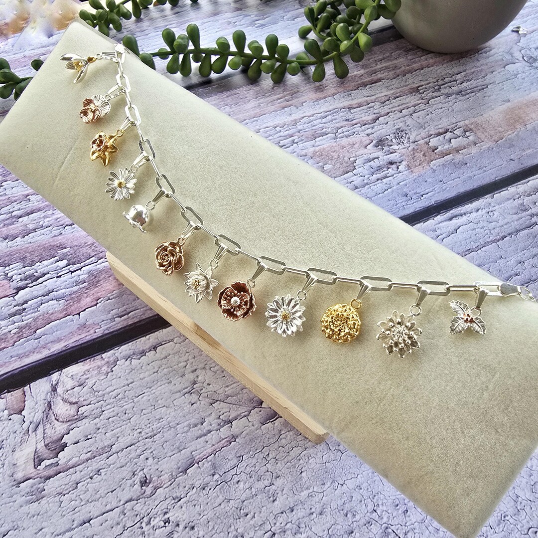 Sterling Silver Birth Flower Charm Bracelet: Personalized Jewelry Gift ...